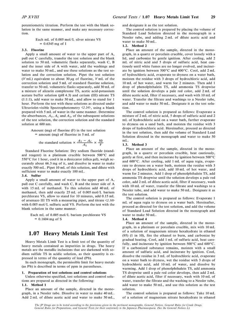 Heavy Metals Limit Test Procedure | PDF | Acid | Chemical Substances