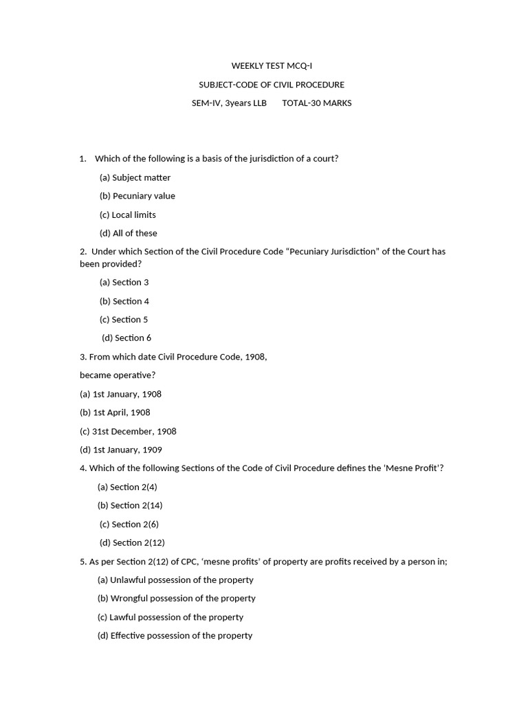 CPC-MCQ`s Preliminary | PDF | Judgment (Law) | Public Sphere