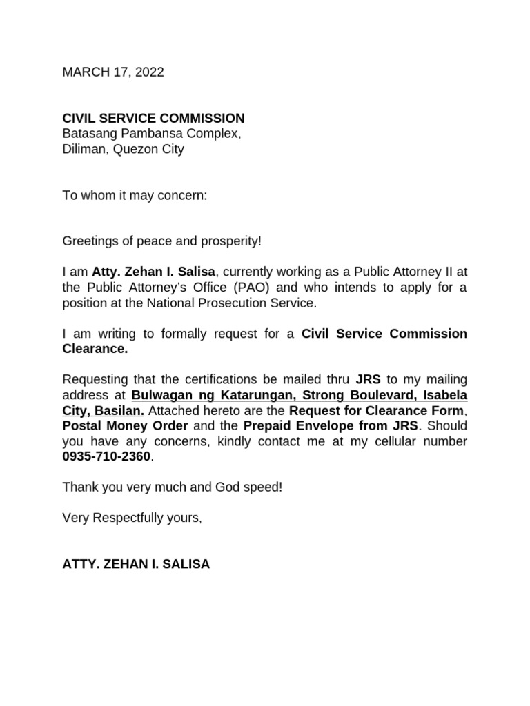 Request Letter for Civil Service Commission Clearance | PDF