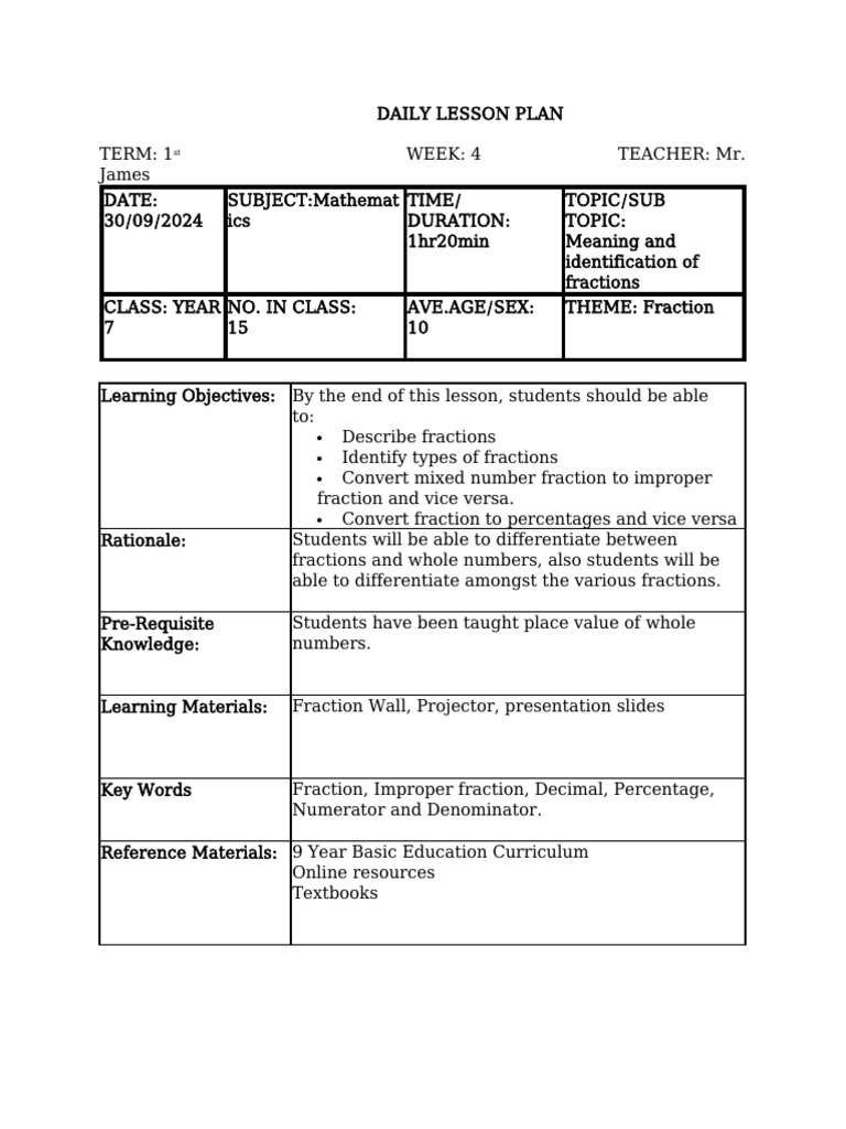 Year 4 WK 4 Lesson Plan | PDF | Mathematics | Arithmetic