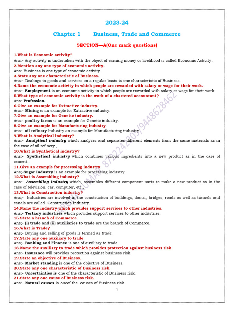 2023-24 Chapter 1 Business, Trade and Commerce: SECTION-A (One Mark ...