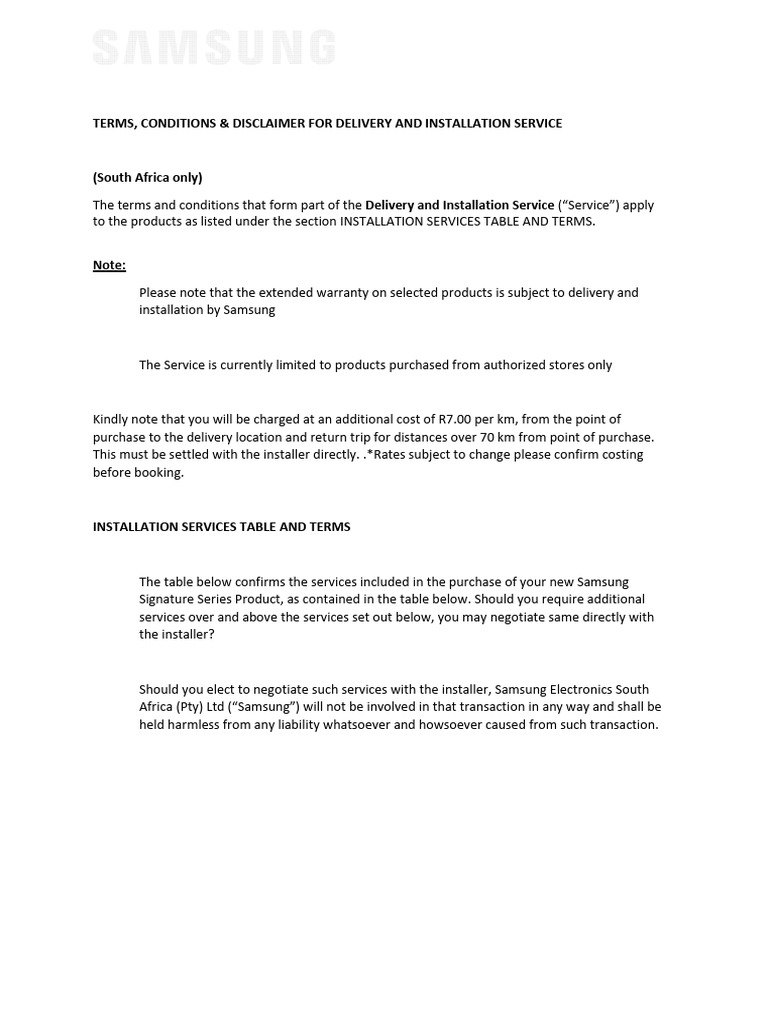Samsung SA Installation Terms | PDF
