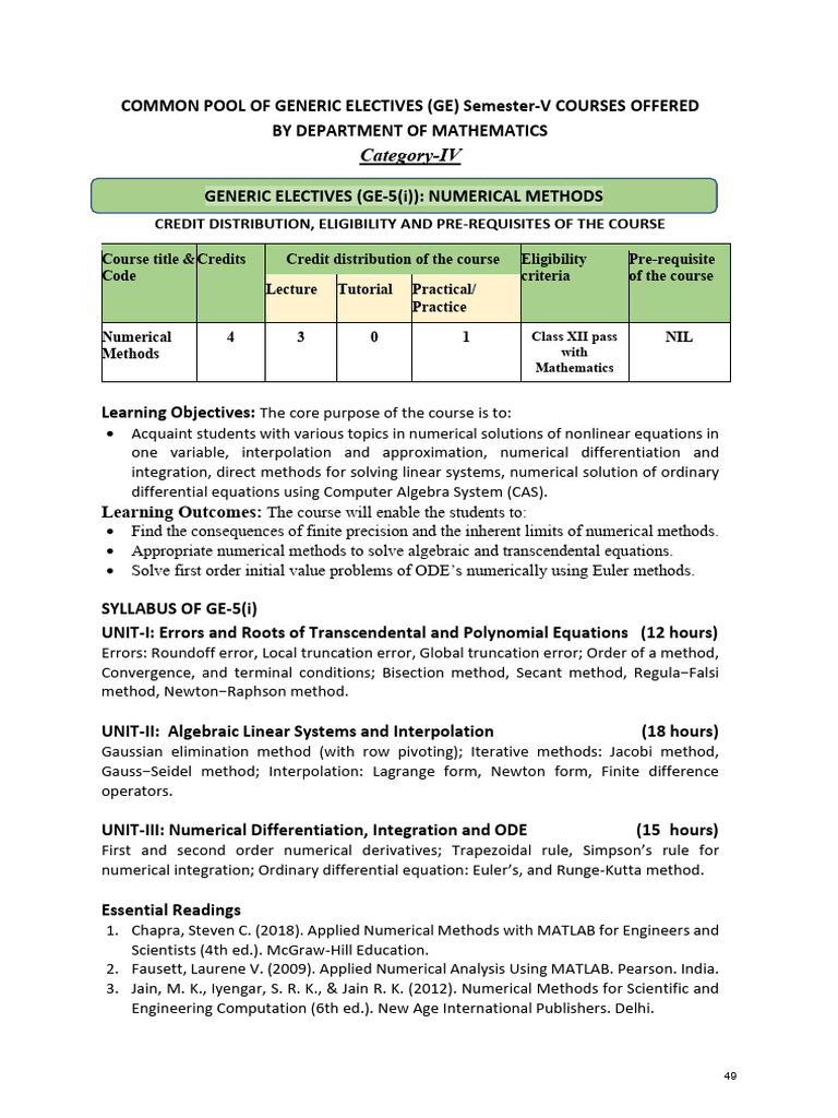 Generic Elective (GE) - Sem 5 - Mathematics | PDF | Numerical Analysis ...