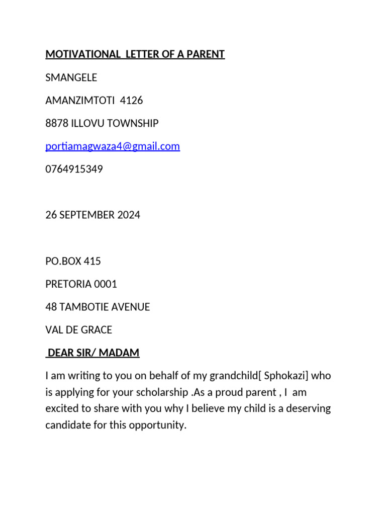 Parent's Motivational Letter for Scholarship | PDF | Social Science ...