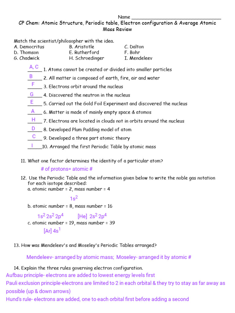 Atomic Structure, Periodic Table, Electron Config, Quiz Review | PDF ...