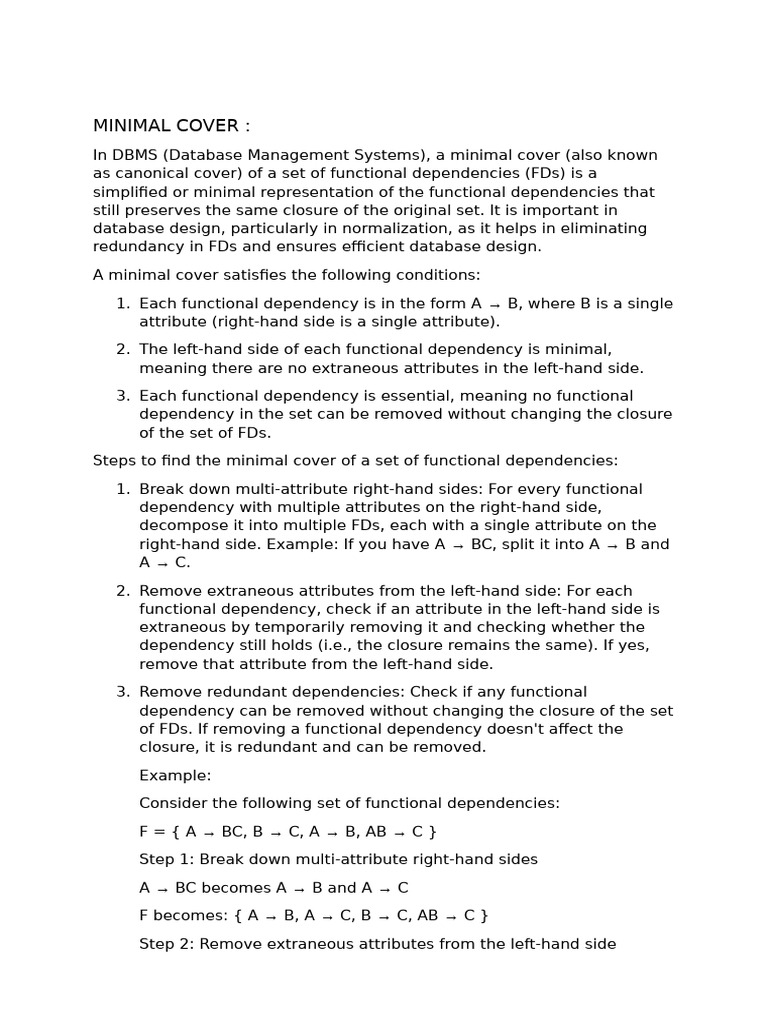 Minimal and Canonical Covers in DBMS | PDF | Data Management | Applied ...