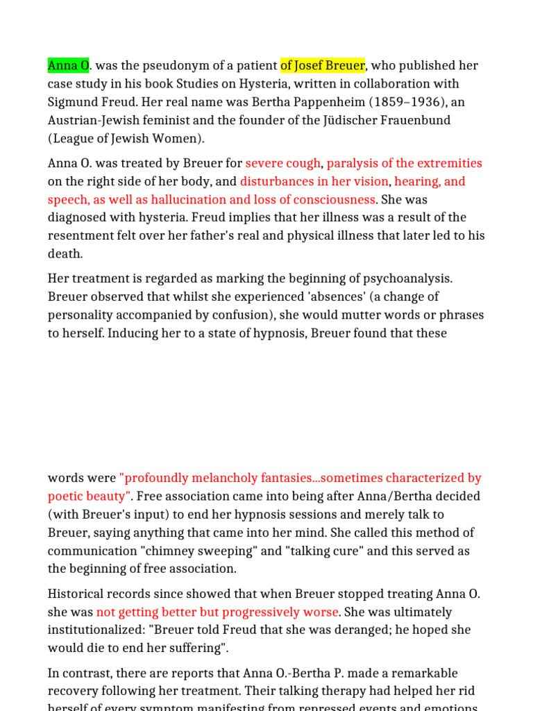 9.0 Anna O Summary First READING | PDF | Clinical Medicine | Psychology