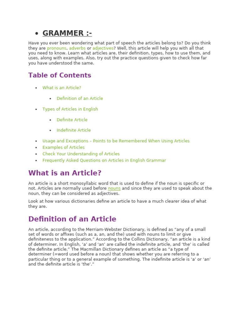 Grammer:-: What Is An Article? | PDF | Grammatical Tense | Sentence ...