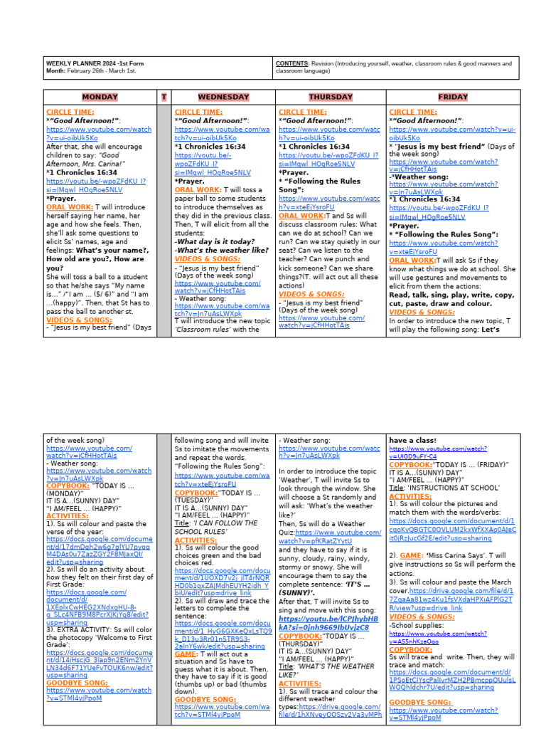 1st Form - Lesson Plans - 2024 | PDF | Linguistics