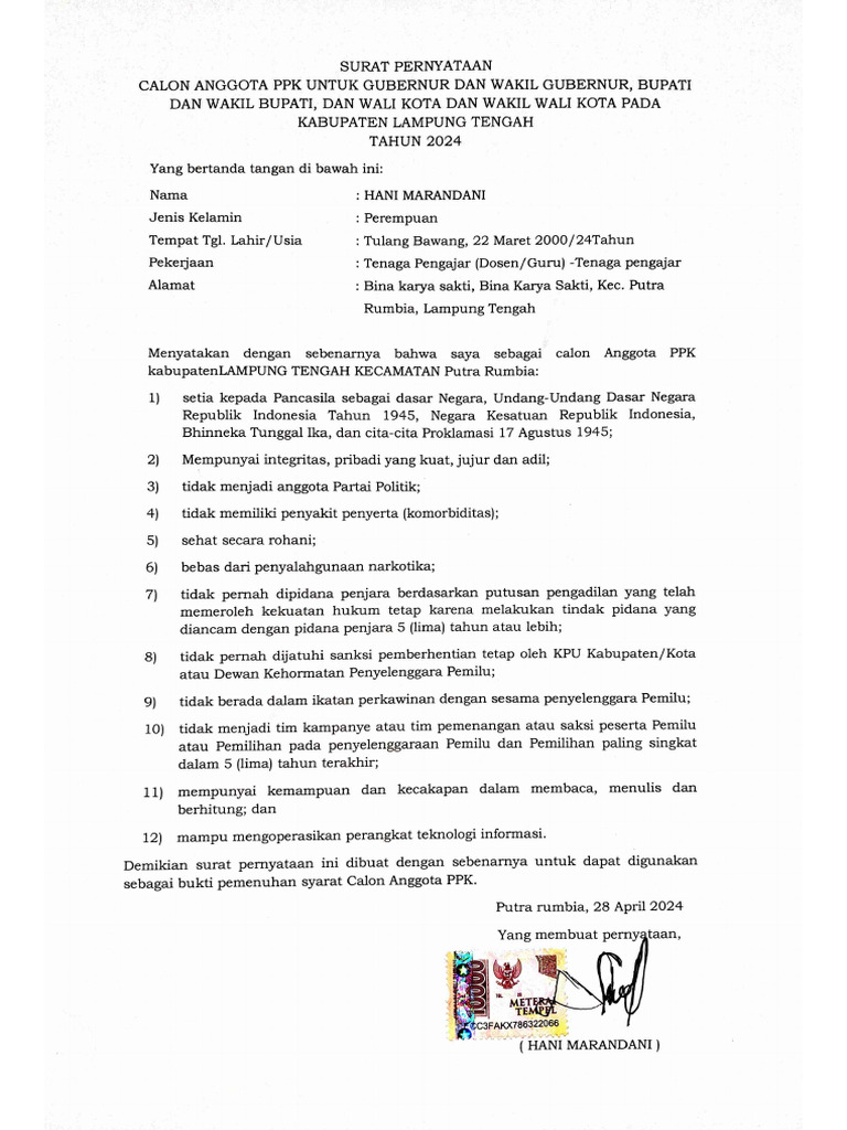 Surat Pernyataan Hani | PDF