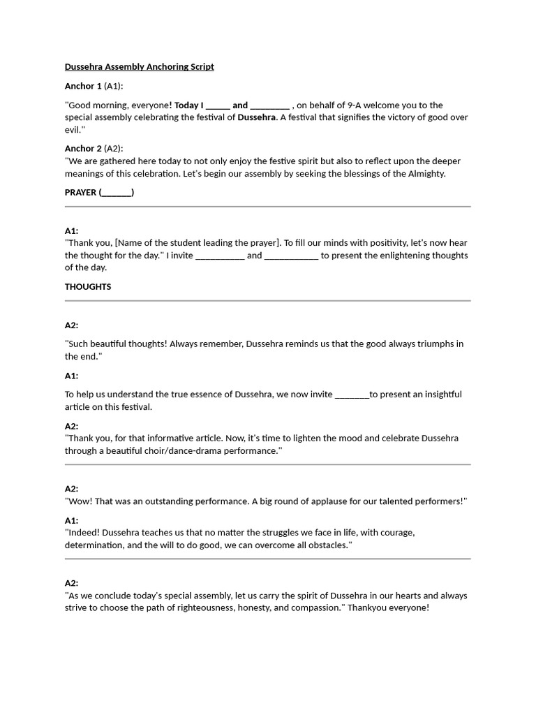 Dussehra Assembly Anchoring Script | PDF