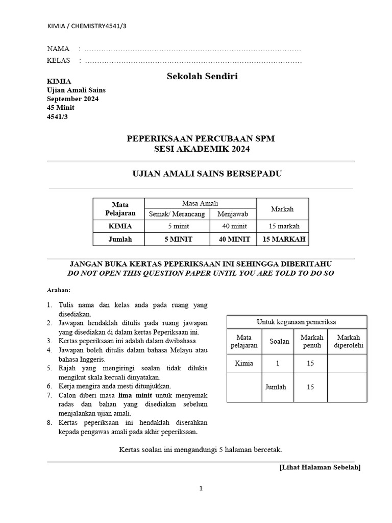 Soalan Kimia K3 Uas PPC 2024 | PDF