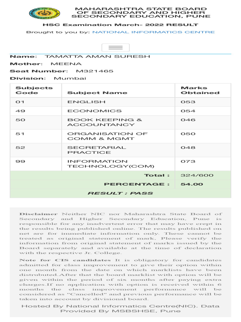 HSC Exam Result: Tamata Aman Suresh | PDF