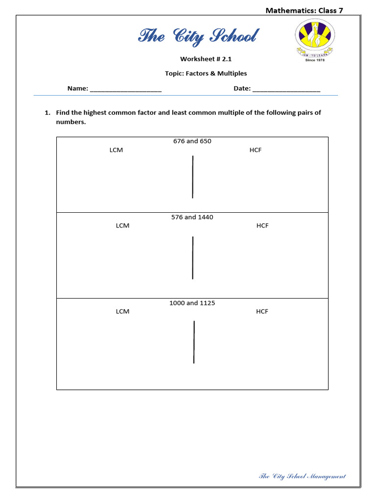 HCF and LCM Worksheet for Class 7 | PDF