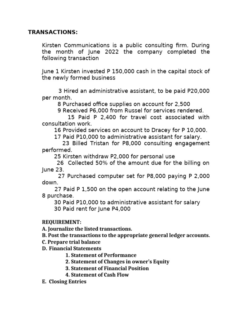 Transactions Kirsten Task Sheet | PDF | Debits And Credits | Business