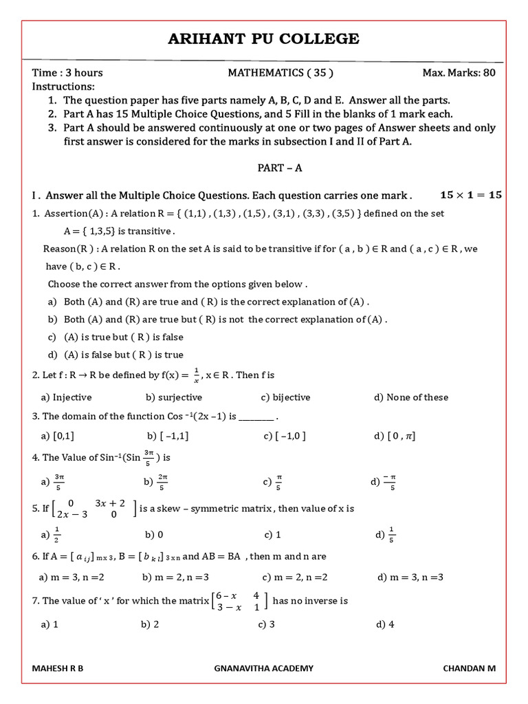 2nd PU Maths Midterm Paper 2 | PDF | Mathematics | Algebra
