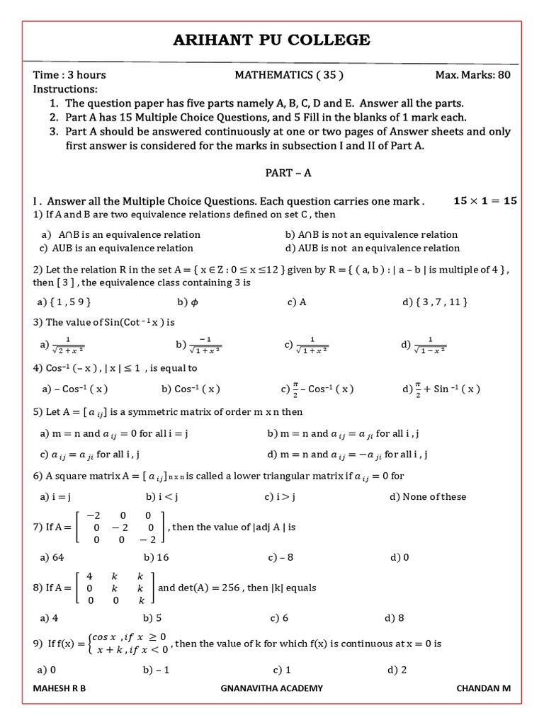 2nd PU Maths Midterm Paper1 | PDF | Abstract Algebra | Geometry