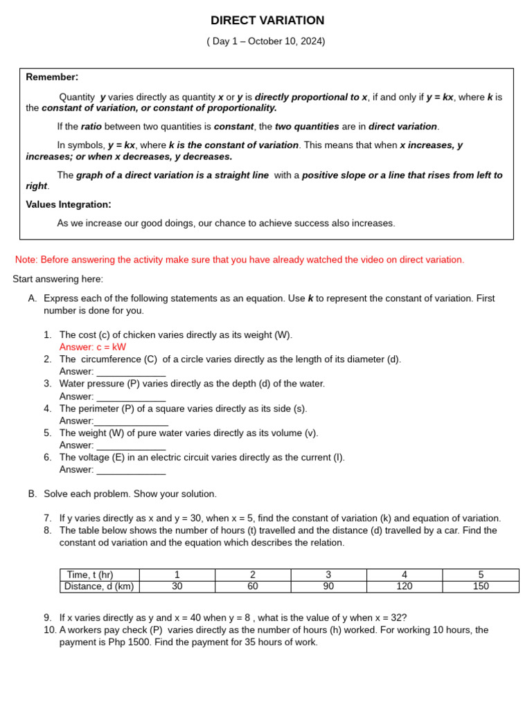 DIRECT VARIATION Day1 | PDF | Ratio | Electrical Engineering