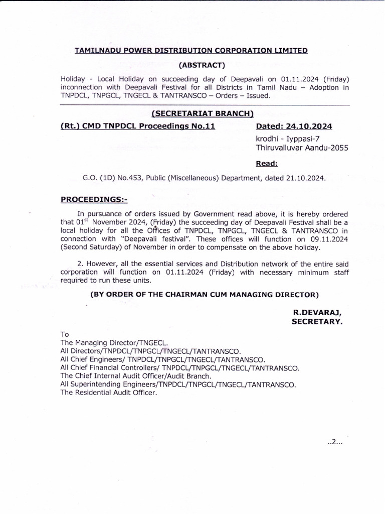 Deepavali Holiday (RT.) CMD TNPDCL Proceedings No.11, Dt.24.10.2024 | PDF