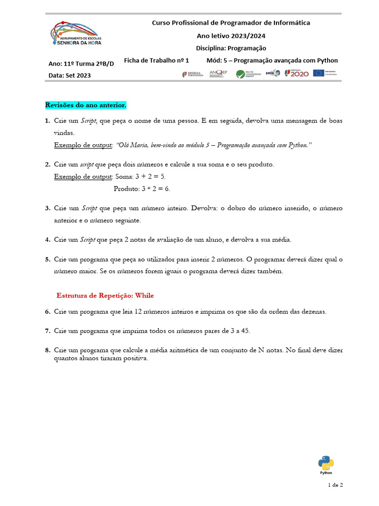 Fichas de trabalho_1 REV - Python | PDF