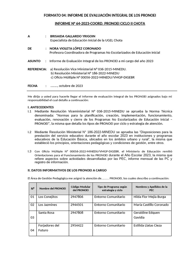 Formato 04 - Informe de Evaluación Integral - NLC | PDF | Educación de ...
