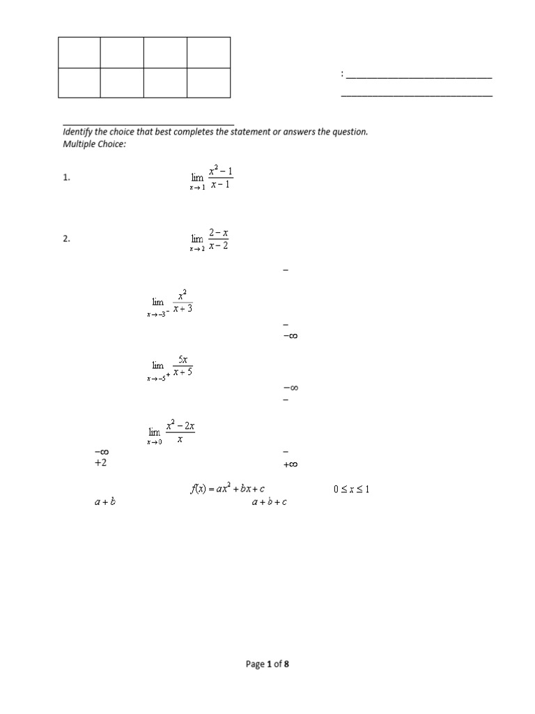 Unit 1 Practice Test | PDF | Derivative | Tangent