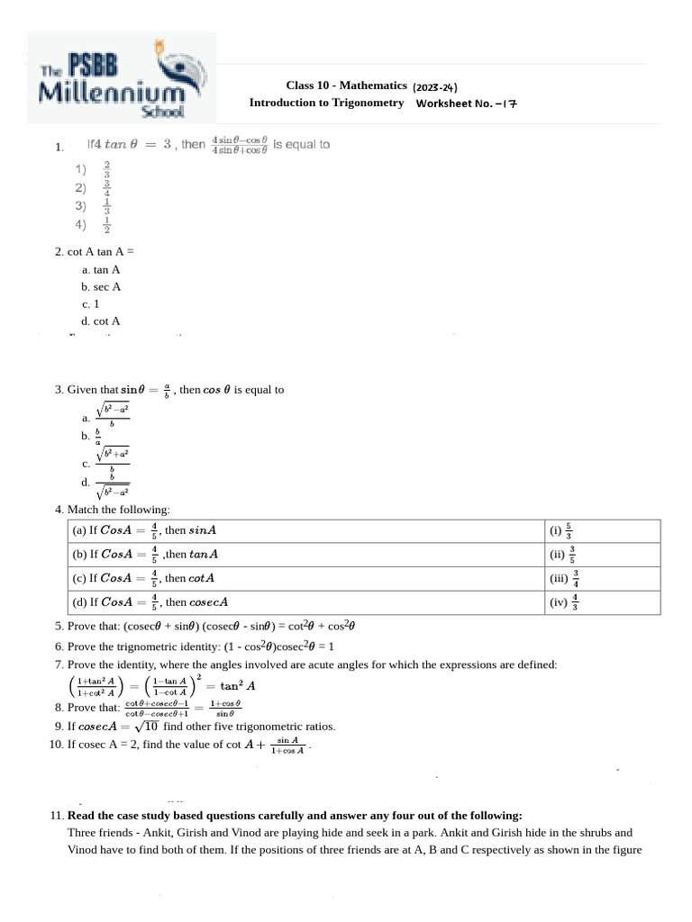 X Std Trignometry Ws 171728022364 Pdf Trigonometry Trigonometric