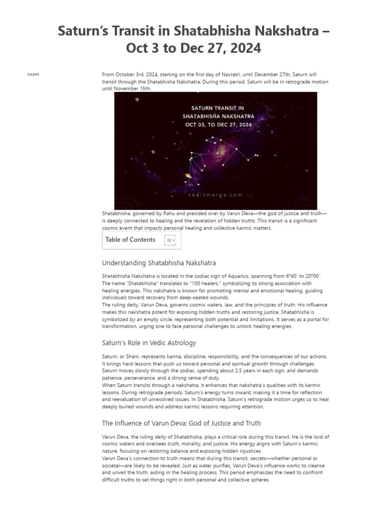 Saturn Transit in Shatabhisha Nakshatra - Oct 3 To Dec 27 | PDF ...