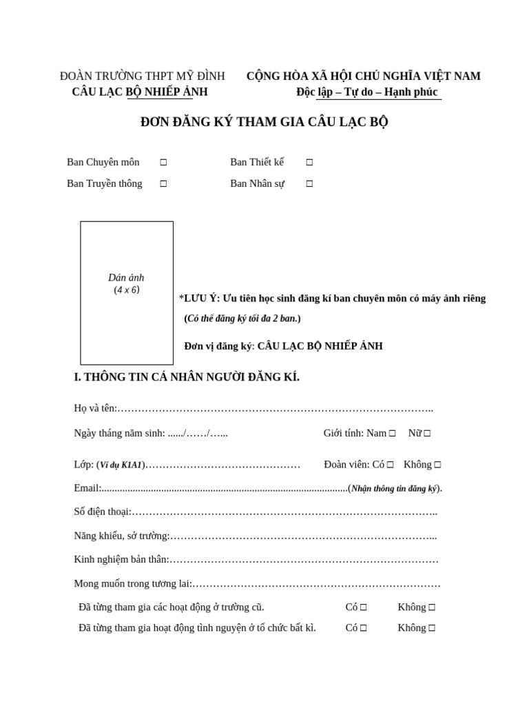 Đơn Đăng Kí | PDF