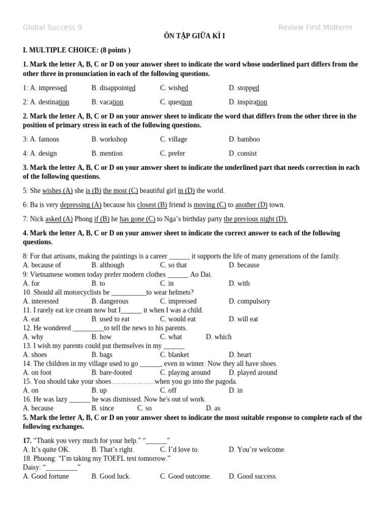 Global Success 9 Midterm Review | PDF | Language Arts & Discipline