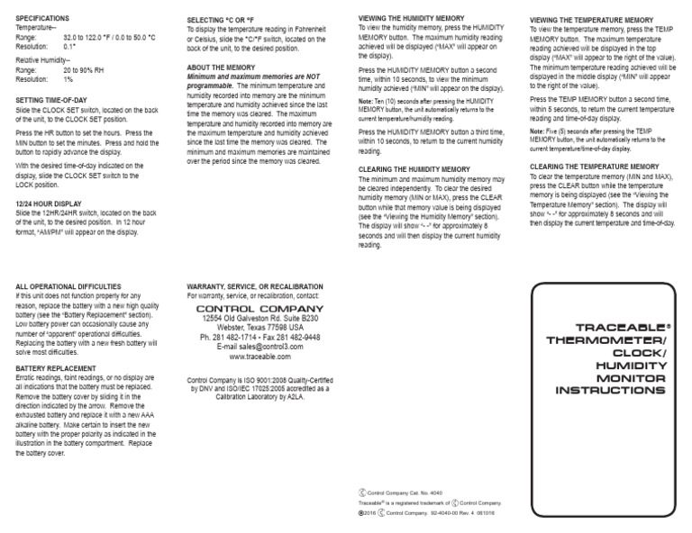 Control Company 4040 User Manual | PDF | Fahrenheit | Metrology