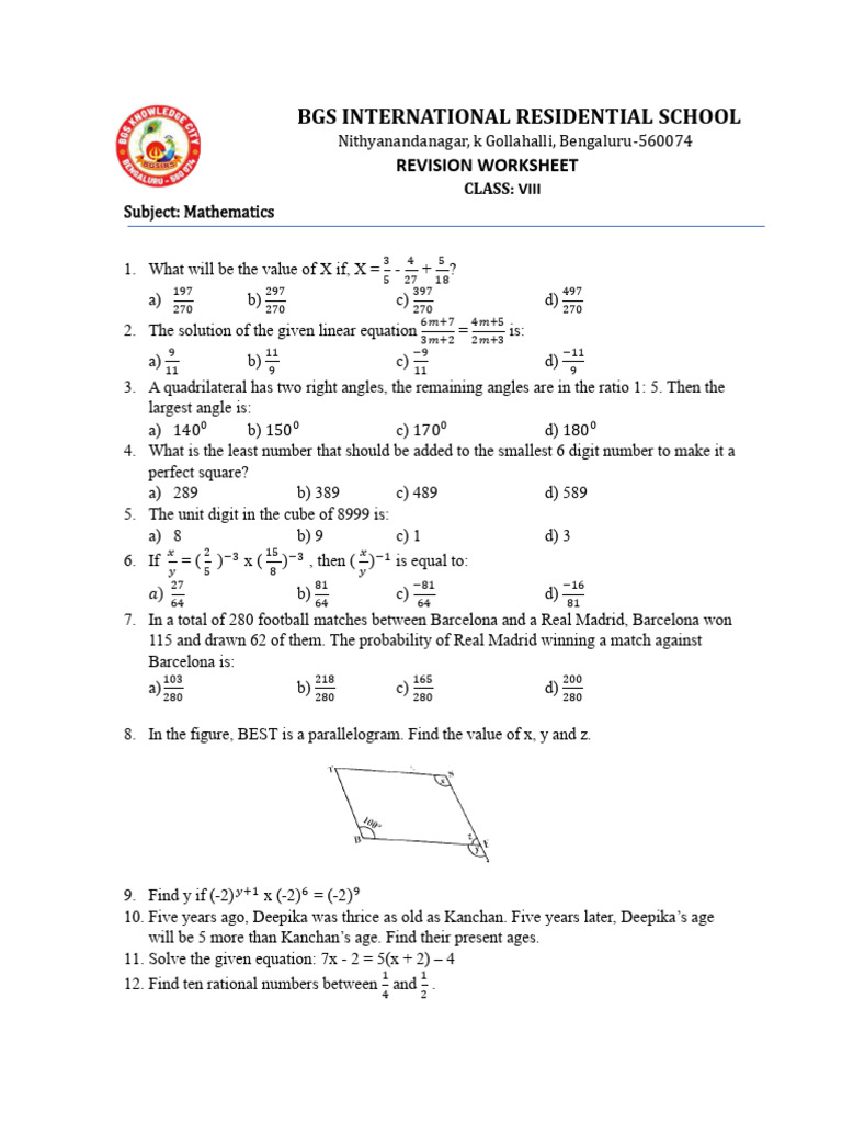 Class 8 Worksheet For Half Yearly Examination | PDF | Elementary ...