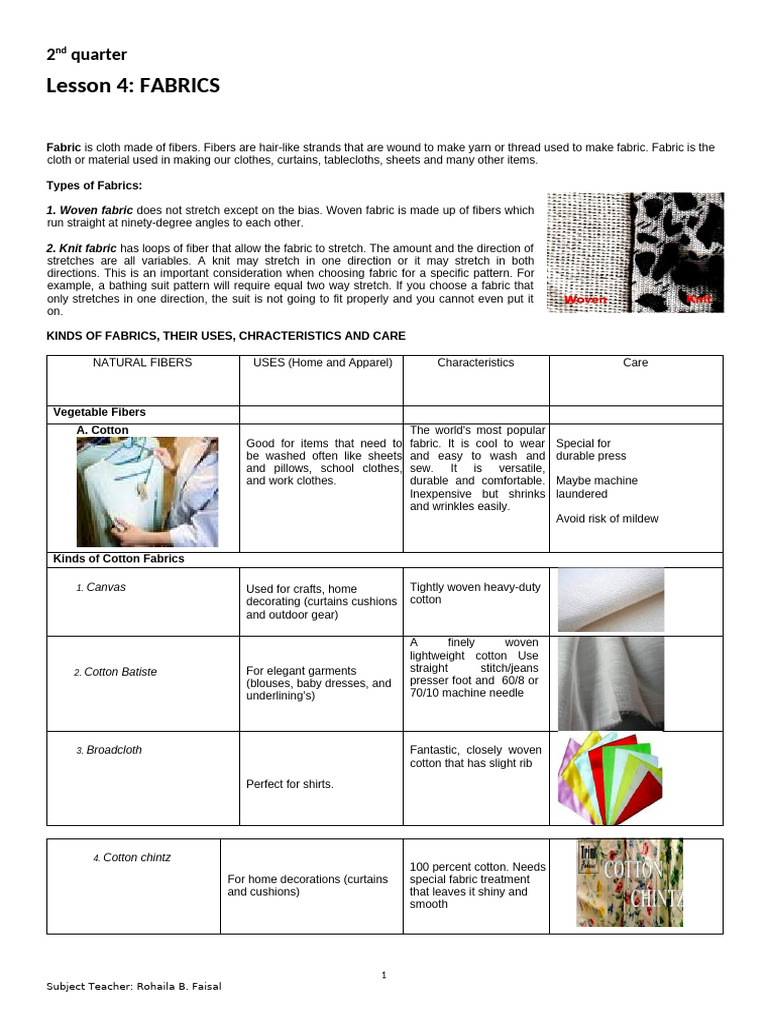 2nd Quarter Lesson5 Fabrics | PDF | Textiles | Silk