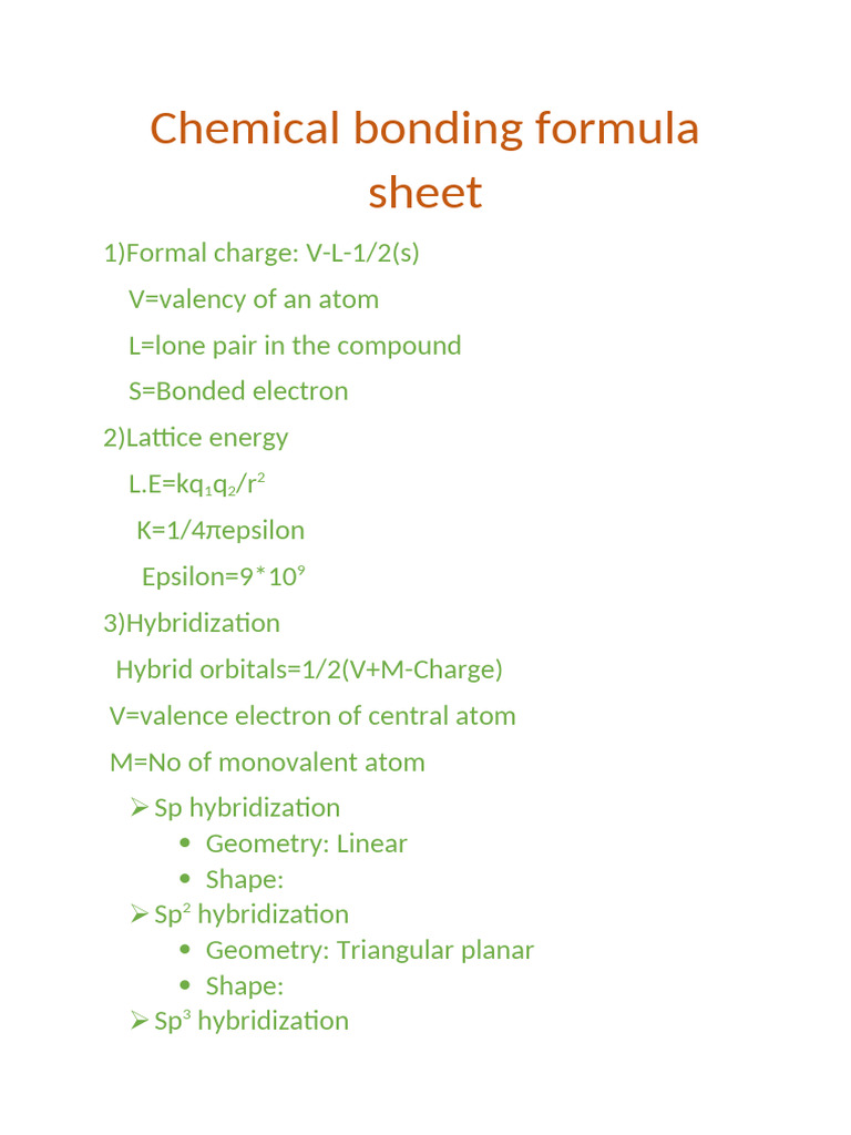 Chemical Bonding Formula Sheet | PDF
