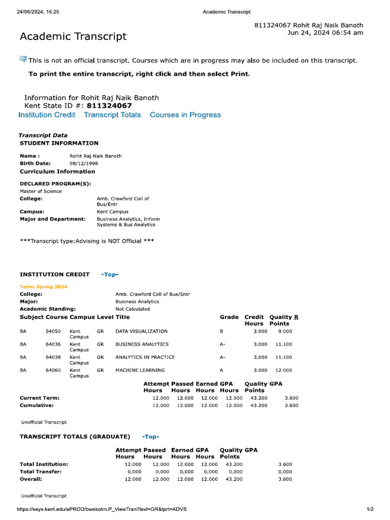 Transcript Kent State University | PDF