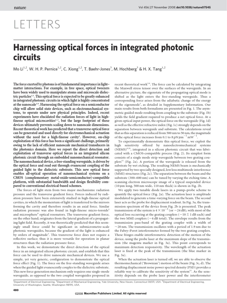 Letters: Harnessing Optical Forces in Integrated Photonic Circuits ...