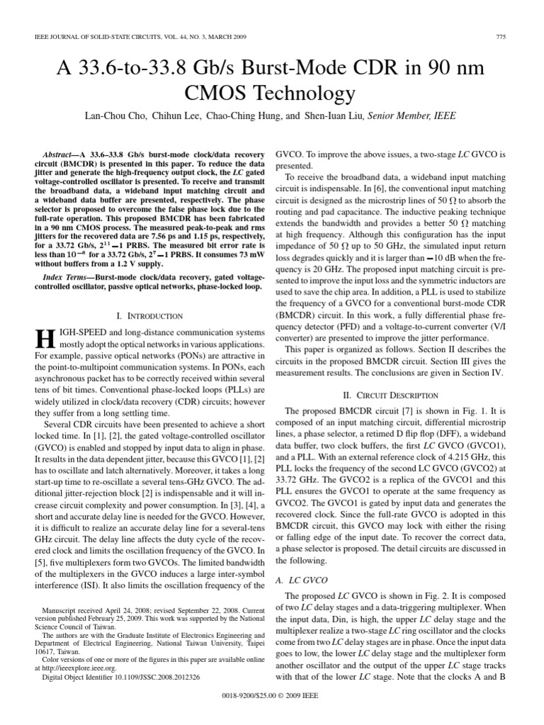 JSSC - 2009 - A 33.6-To-33.8 Gbps Burst-Mode CDR in 90 NM CMOS ...