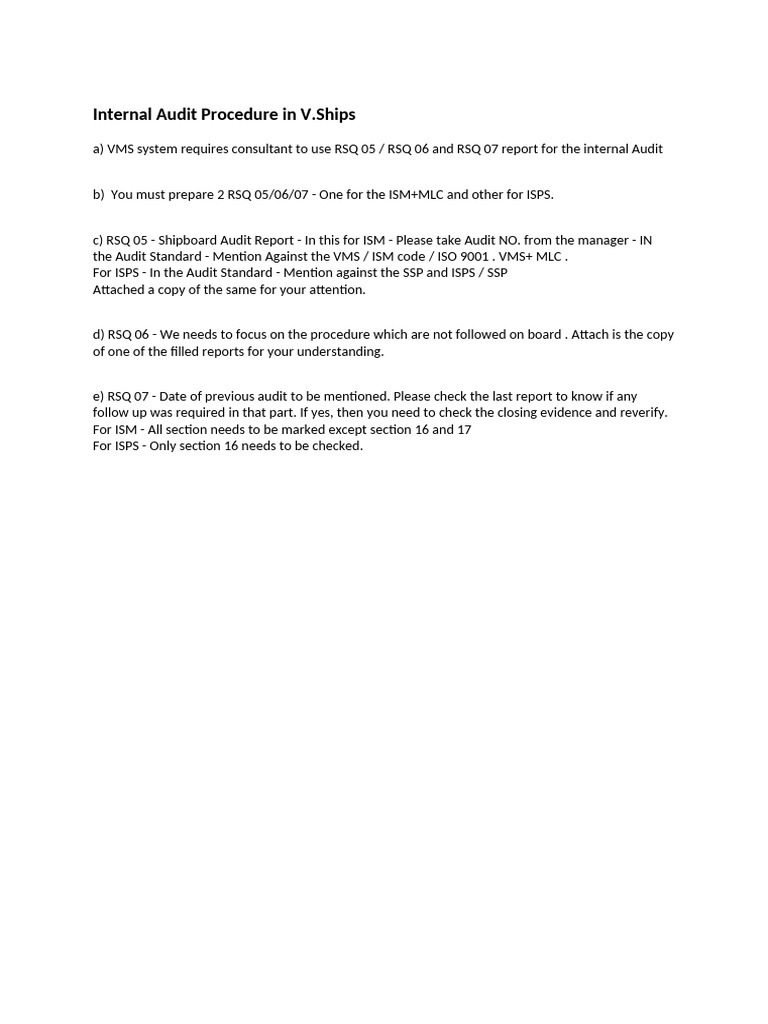 Internal Audit Procedure (V.ships) | PDF
