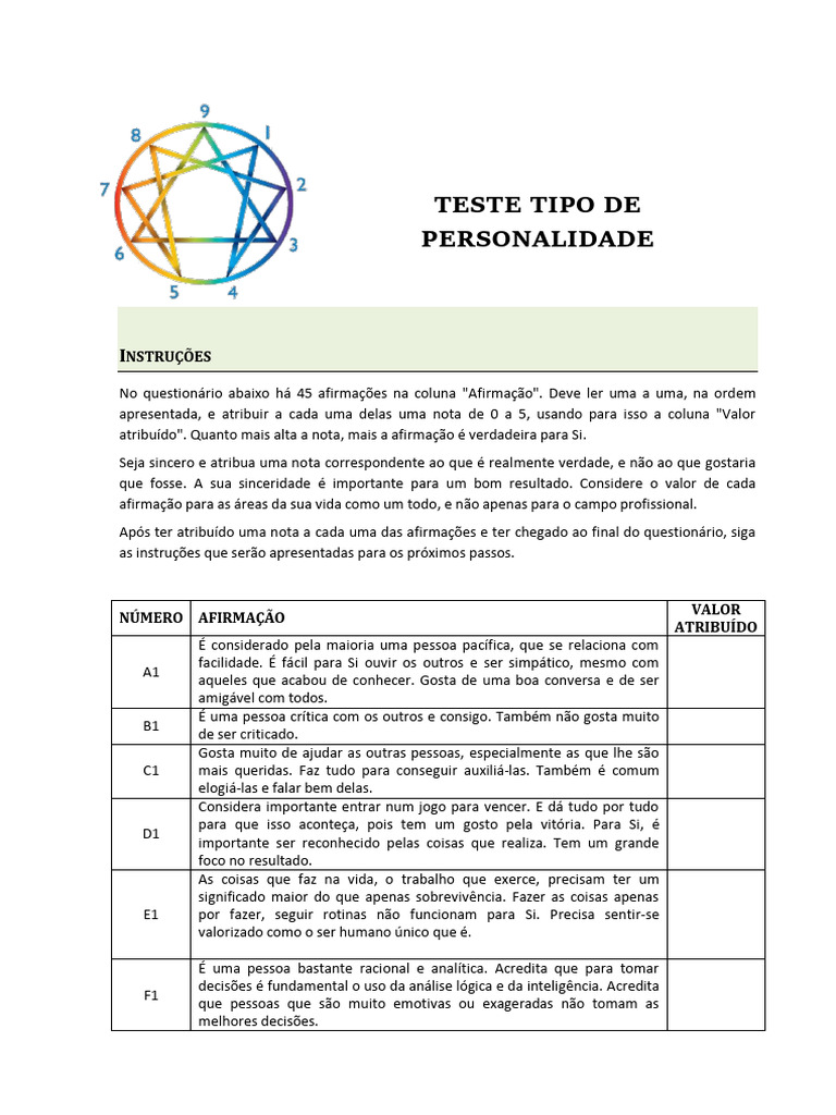 TESTE DE PERSONALIDADE Eneagrama | PDF | Pensamento | Eneagrama de ...
