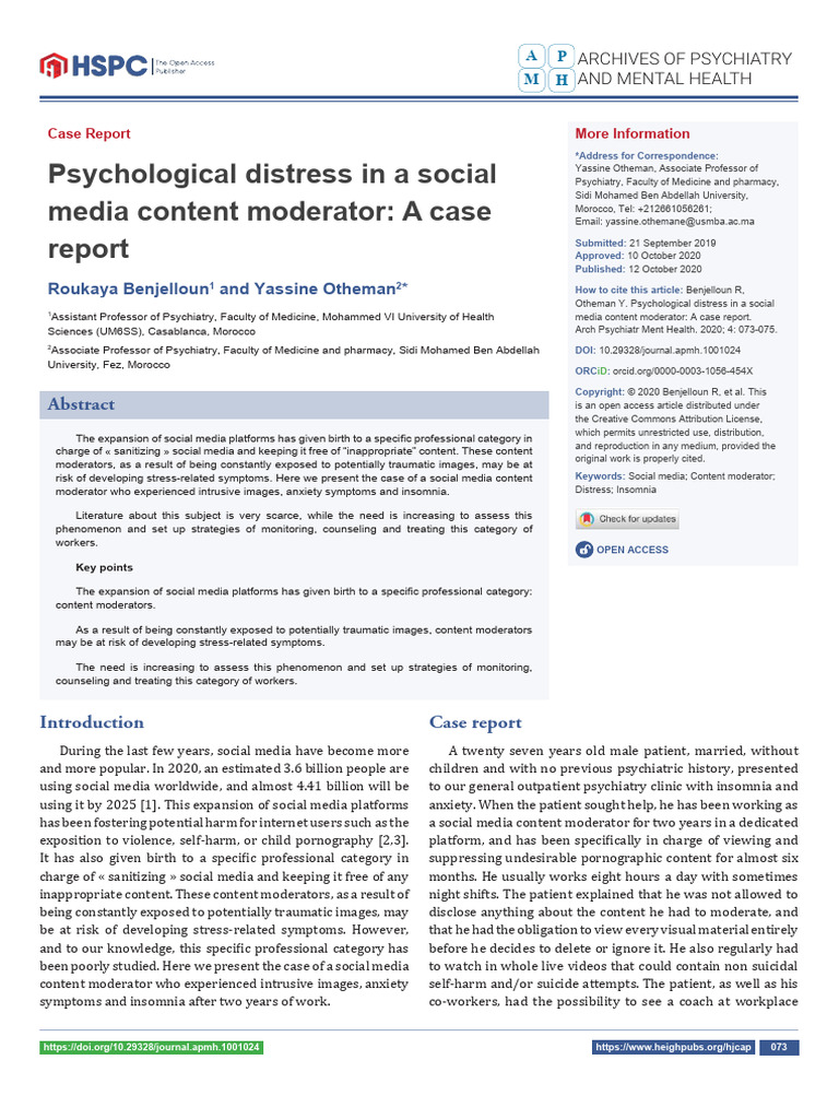Psychological Distress in Content Moderators | PDF | Mental Disorder ...