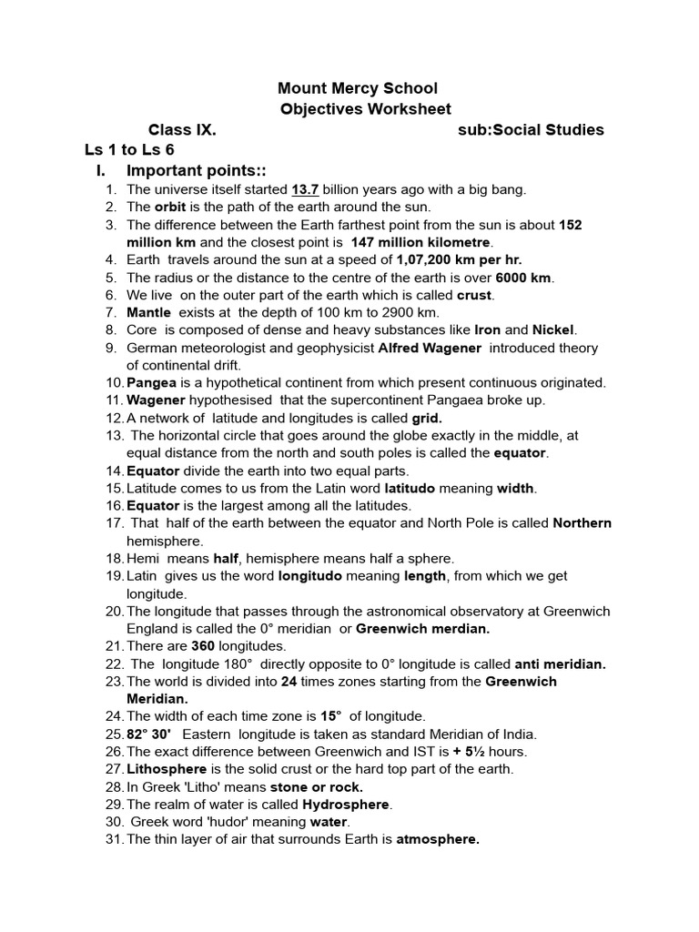 Class 9, Objectives Worksheet, Ls 1 To Ls 6. | PDF | Plate Tectonics ...