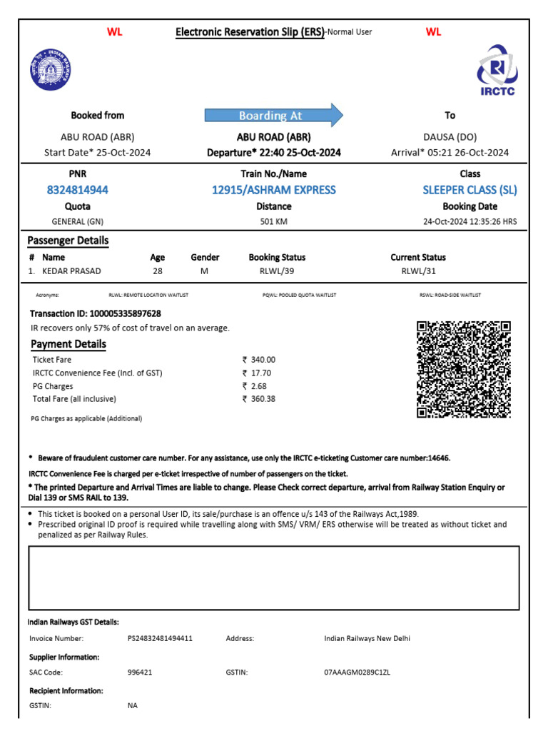 Southern Railway E-Ticket Information | PDF | Identity Document