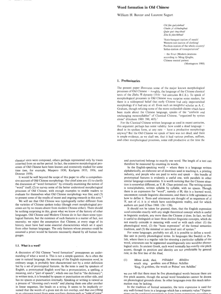 Morphological Processes in Old Chinese | PDF | Word | Lexicon