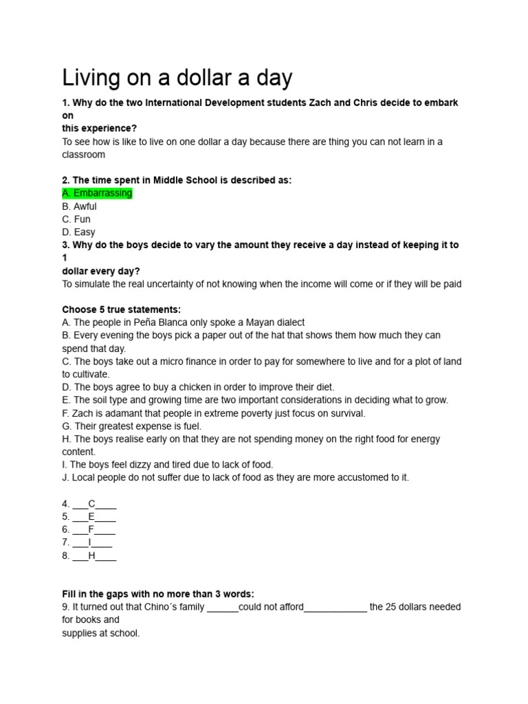 Living On A Dollar A Day Questionary | PDF