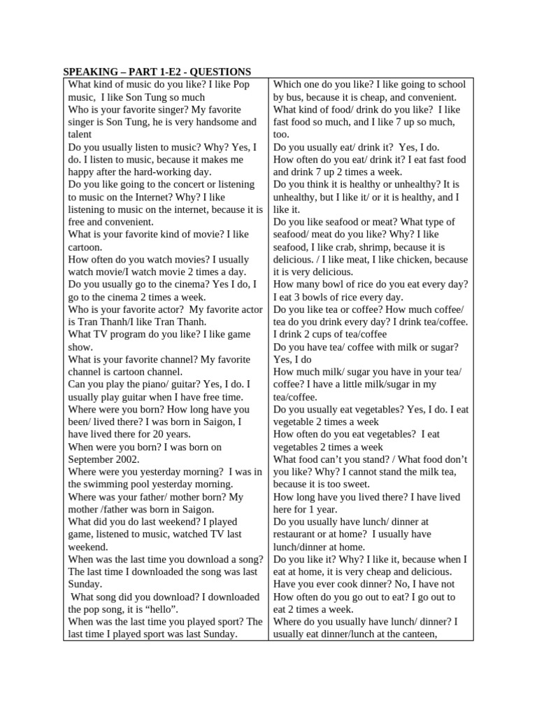 Questions-Part 1-Speaking-E2 | PDF | Lunch | Foods