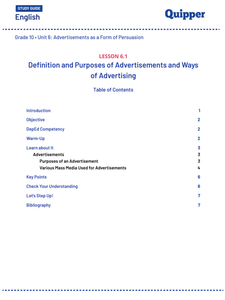 Unit 6 Lesson 1-Definition and Purposes of Advertisement and Ways of ...