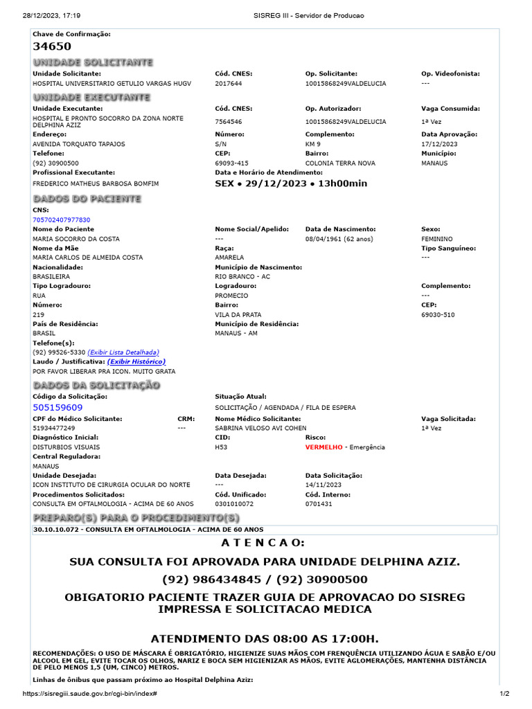 Solicitação SISREG III - Oftalmologia | PDF