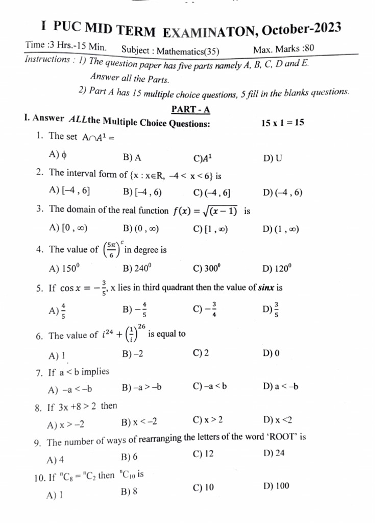 Maths PU1 Mid Term ALL District QPs | PDF | Mathematics | Mathematical Analysis