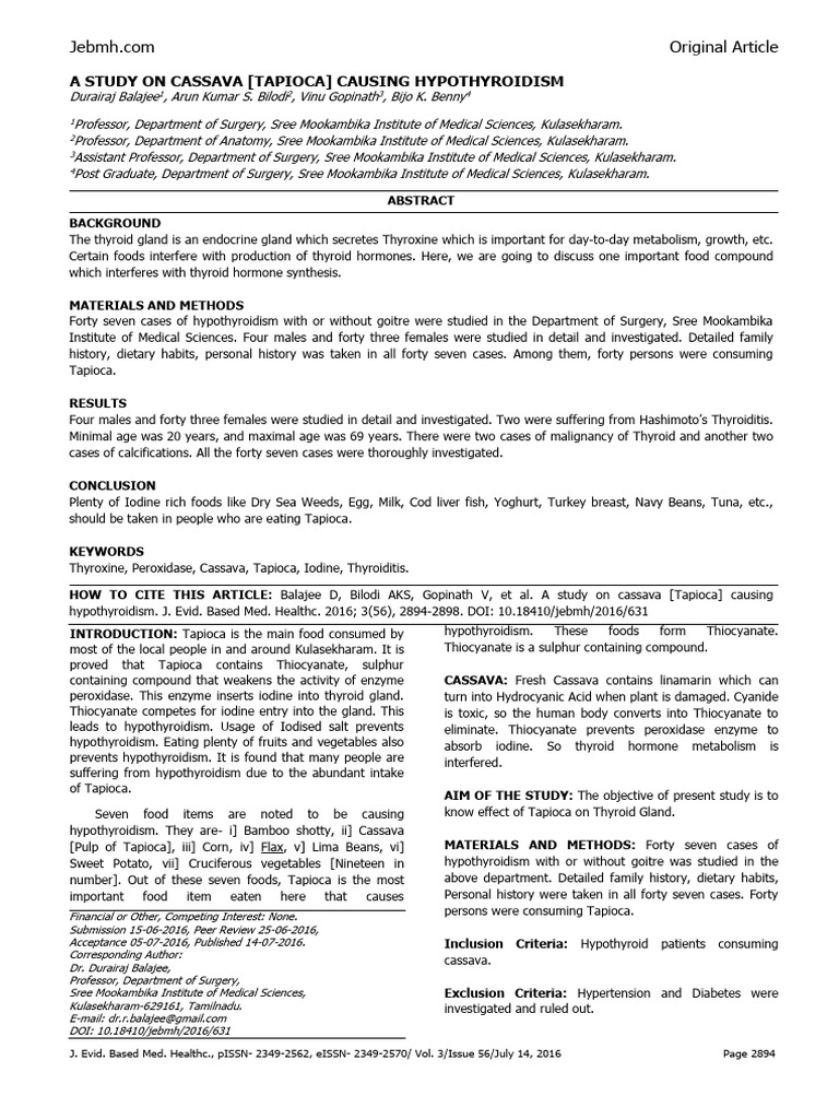 A Study On Cassava Tapioca Causing Hypothyroidism PDF | PDF | Hypothyroidism | Thyroid