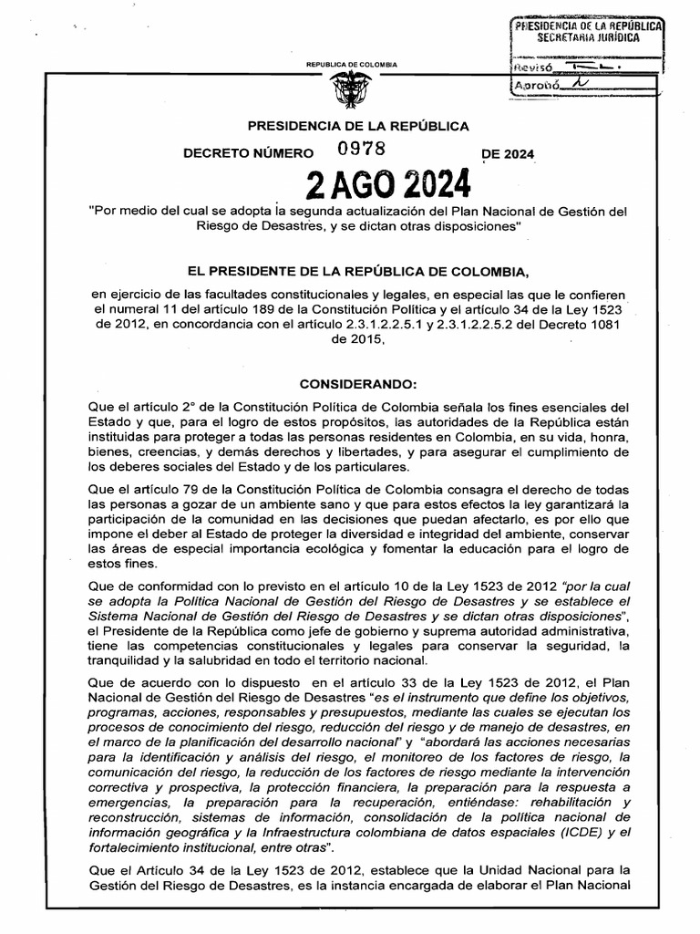 Decreto 0978 de 2 de Agosto de 2024 2 Actualizacion Pngrd | PDF ...